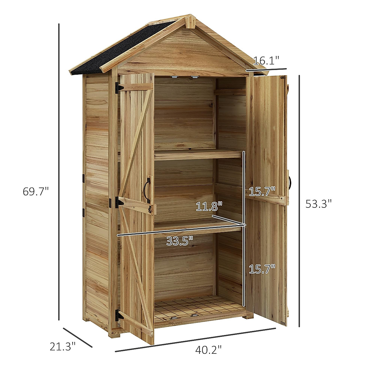 Outsunny Outdoor Storage Cabinet with Waterproof Asphalt Roof, Wooden Garden Shed with Double Lockable Doors and Shelves, Wood Tool Shed for Backyard, Patio, Lawn, Natural