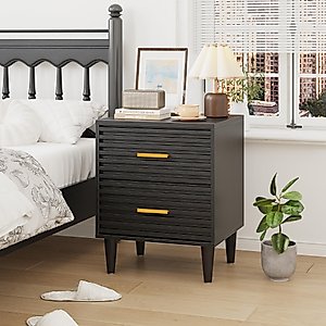 Alohappy Nightstand, Bedside Table for Bedroom, End Table with 2 Drawers, Mid Century Modern Side Table with Storage Bed Side Table Vintage Furniture Wood Accent Table for Living Room, Black 1pc