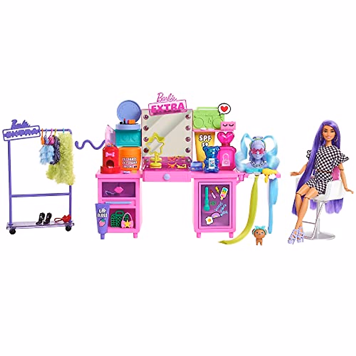 Barbie Extra Doll & Vanity Playset with Exclusive Doll, Pet Puppy, 45+ Pieces Including Clothes & Accessories, Toy Gift for Kids 3Y+, GYJ70