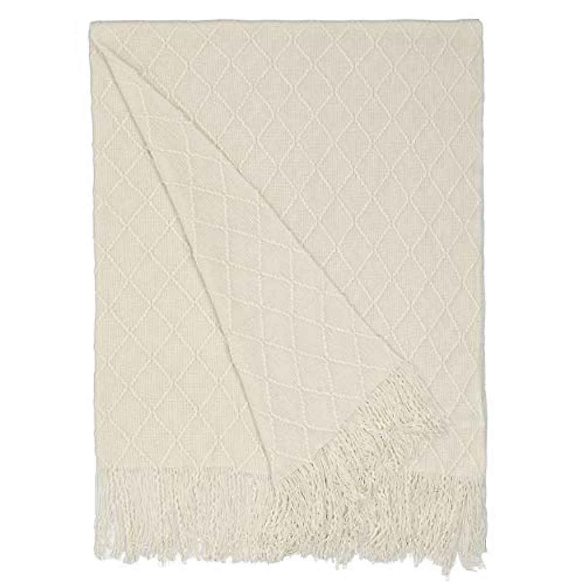 Decorative Diamond Pattern Knit Throw Blanket with Fringe, White
