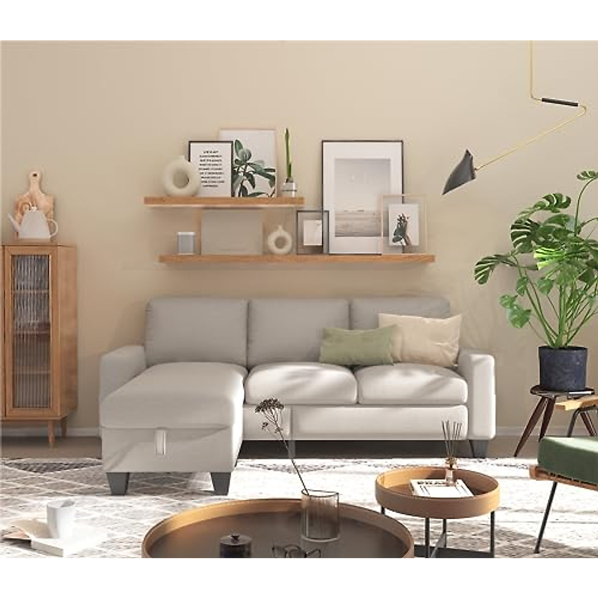 Beige Sectional Sofa Couch L Shaped Couchs with Ottoman Convertible 3 Seat Sofas for Living Room Small Space Apartment, Ottoman with Storage Space