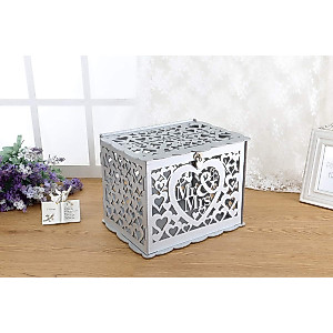 Artmag Wedding Money Box Holder with Sign, Large Rustic Wood Wooden DIY Envelop Gift Card Boxes with Lock Slot for Reception Anniversary Graduation Birthday Parties Baby Shower (Mr & Mrs, Silver)