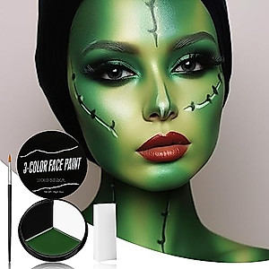 BOBISUKA White Black Green Face Paint + 3PC Sponge + Brush Body Paint Set, Colored Eye Black for Baseball Softball Sport Games, Zombie, Monster Face Painting Kit for Halloween, Cosplay, Costume, SFX Special Effect and Theme Parties