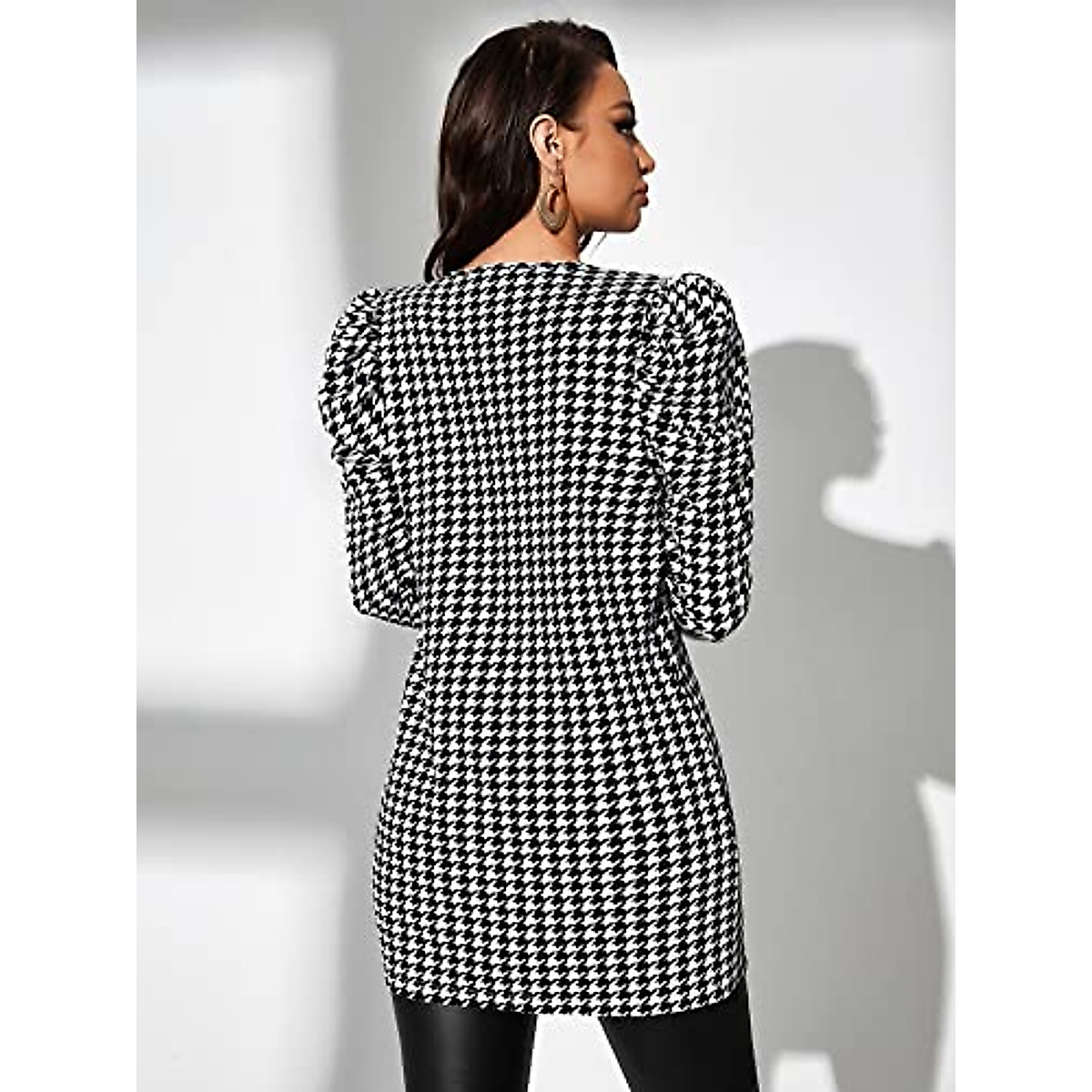 WDIRARA Women's Houndstooth Gigot Sleeve Open Front Long Elegant Coat Blazer Jacket Black and White S
