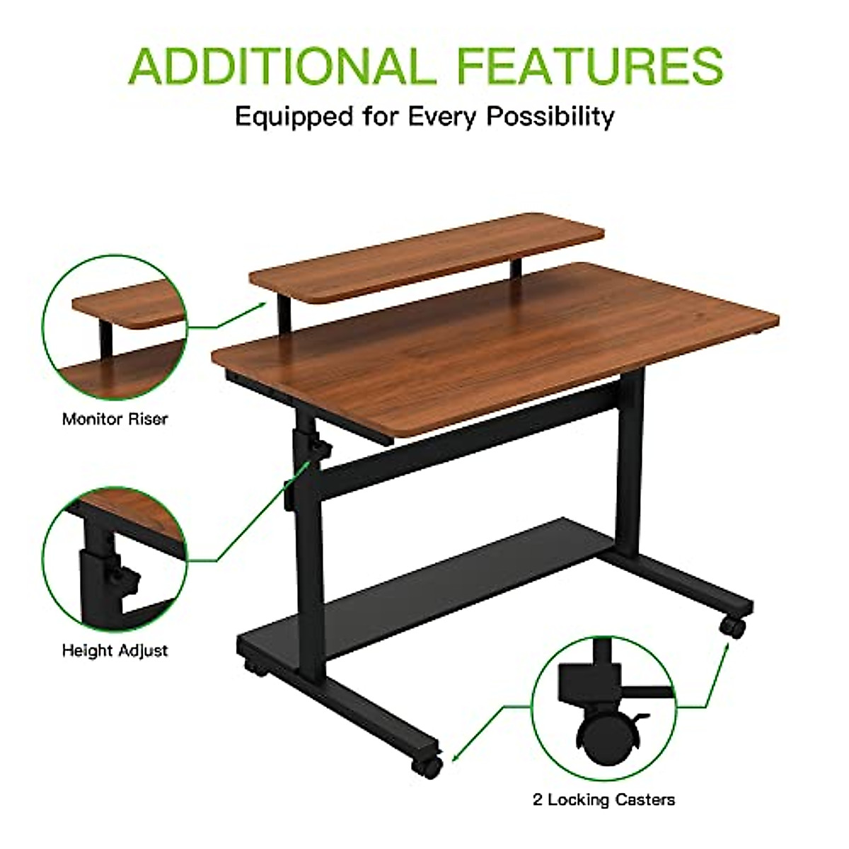 DESIGNA Height Adjustable Stand Up Computer Desk, 41'' Mobile Standing Desk Store Rolling Sit Stand Work Station for Home Office with Wheels CPU Stand Monitor Shelf & Detachable Hutch,Teak
