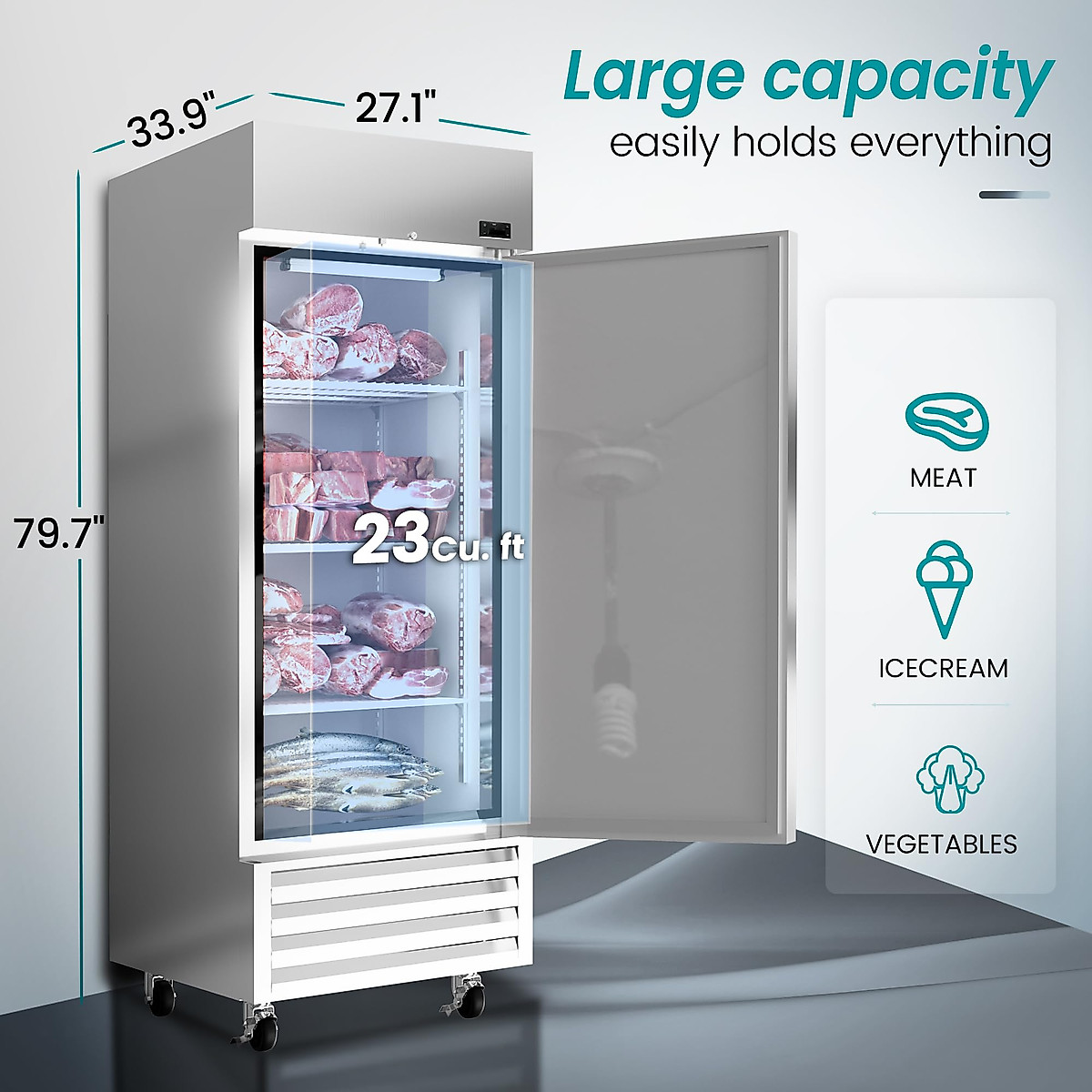 KICHKING 27"W Dynamic Cooling Commercial Freezer 23 Cu. Ft OmniSmart Temperature Control -10℉~10℉ Self Closing Stainless Steel Reach-In Commercial Freezer Digital Thermostat LED Lighting 3 Shelves