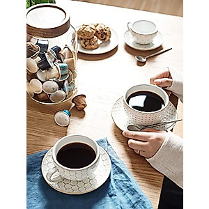 LE TAUCI 6 oz Cappuccino Cups with Saucers, House-warming Gift, Ceramic Embossment Coffee Cup for Au Lait, Double shot, Latte, Cafe Mocha, Tea - Set of 4, Arctic white