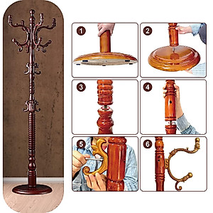 SerHirst Coat Rack Freestanding, Wooden Coat Tree Stand with 14 Hooks, Easy Assembly with Stable Disc Base for Bedroom, Hallway, Entrance Office for Hats, Coats, Scarves (Mahogany color)