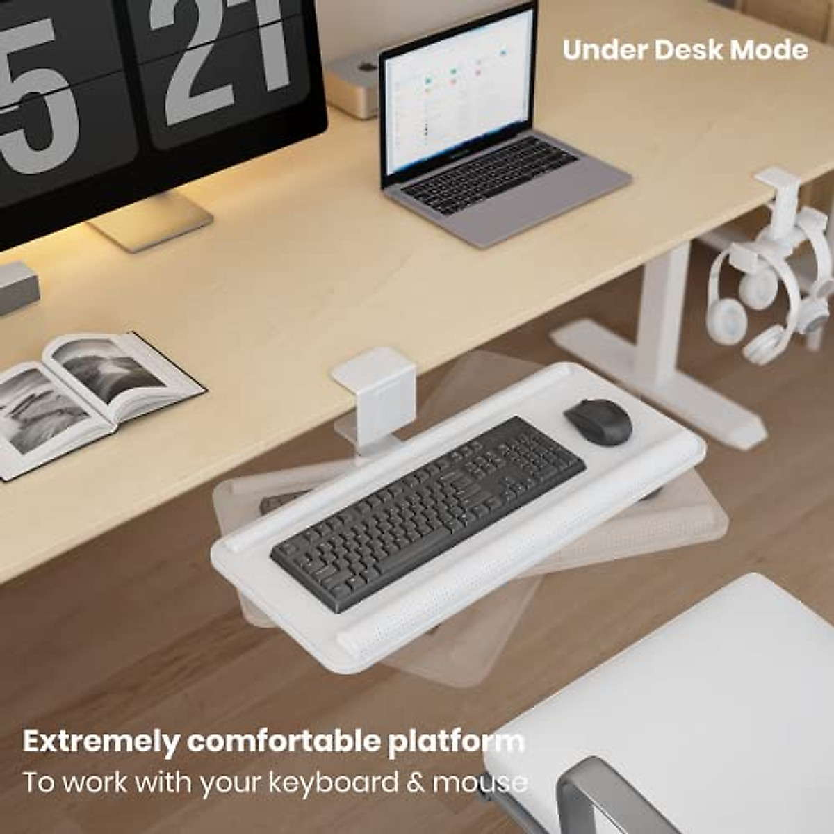 Tilt&Height Adjustable Keyboard Tray Under Desk&Above Desk - Klearlook 2 in 1 PU Leather Sit Stand Keyboard Riser w/360° Rotation, 25x11"Clamp-on Keyboard Stand Desk Extender w/Wrist Rest&Drawer-White