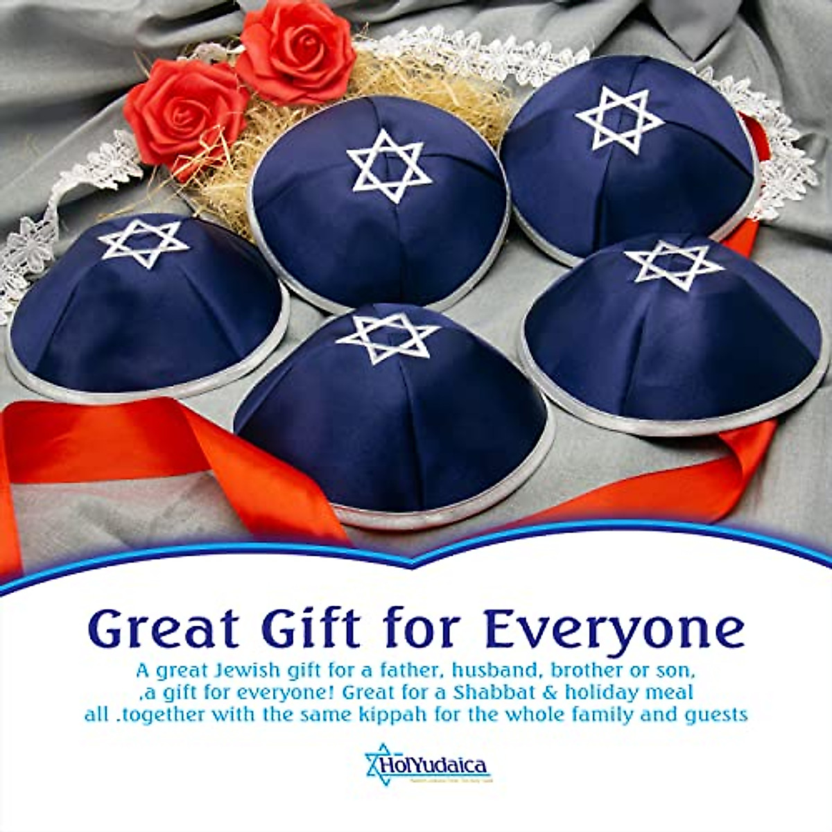 HolYudaica Pack of 10-Pcs Hq 20cm Satin Kippah with Silver/Gold String+Star of David for Men & Boys, Yamaka Hat from Israel, Kippot Bulk (Blue Silver)