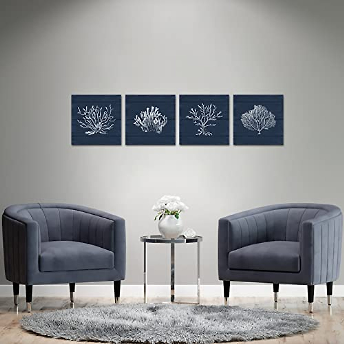 HOMEOART Coral Canvas Wall Art Prints Ocean Navy Blue Coastal Artwork Beach Home Decor Picture Framed Ready to Hang 12&quot;x12&quot;x4 Pieces