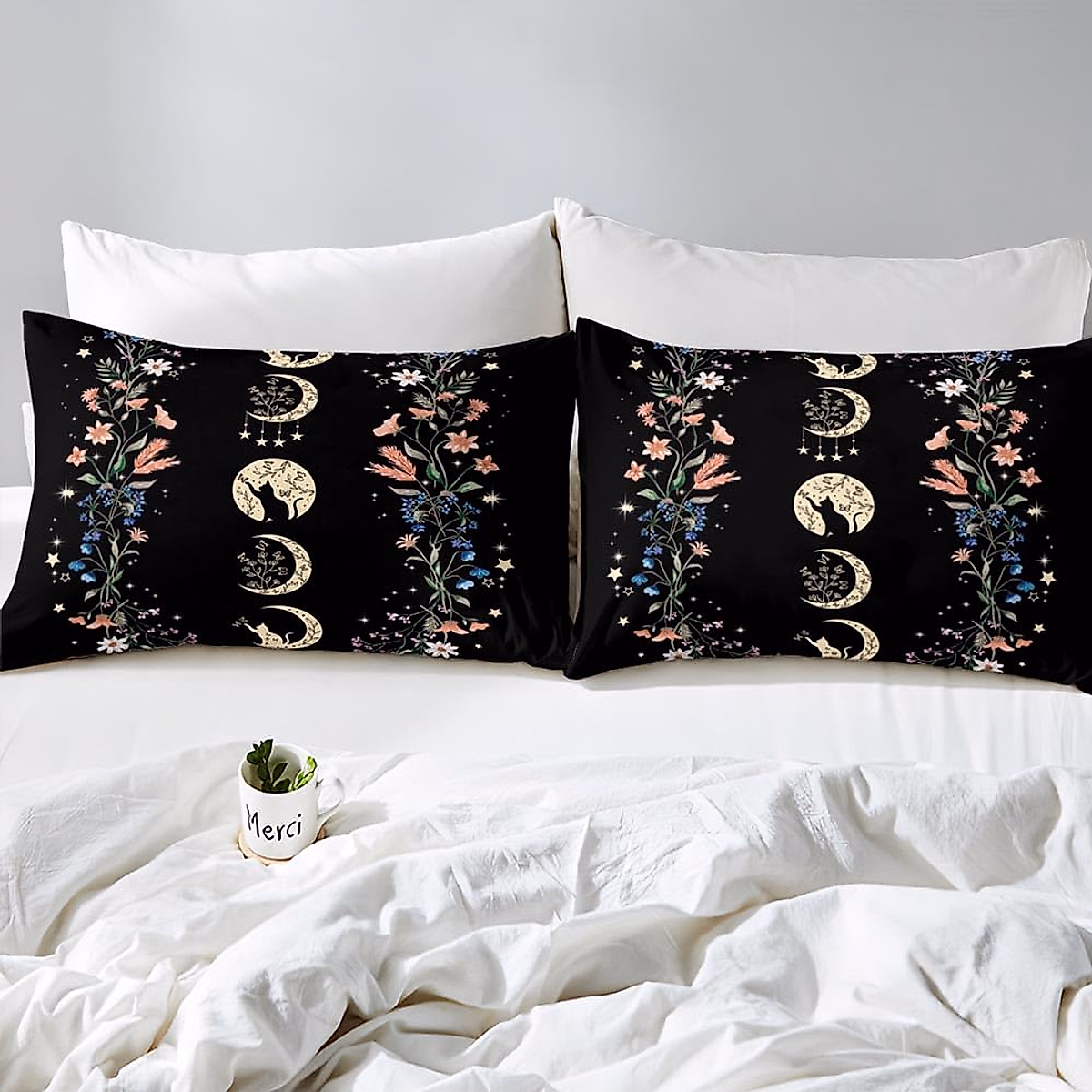 LUVIVIHOME 3PCS Black Cat Moon Phase Duvet Cover Queen Bedding Sets, Boho Aesthetic Celestial Witchy Mystic Gothic Moonlit Wildflower Floral Plant Botanical Black Comforter Quilt Cover, 2 Pillow Cases