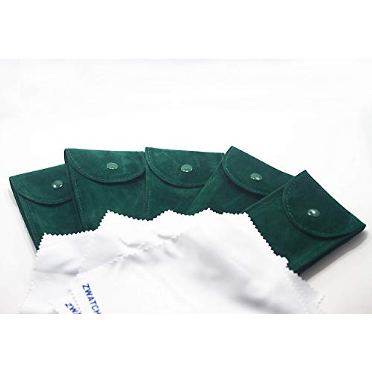 Green Velvet Watch Pouch w/Insert and Premium Microfiber Cloth 5-pack