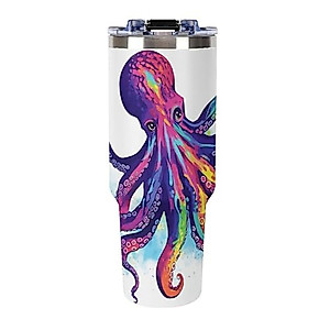 LLUTSNTH 40 Oz Vacuum Tumbler with Violet Handle Leakproof Insulated Tumbler Colorful Octopus Stainless Steel Travel Mug with Lid And Straw Coffee Cup Cute Water Bottles Cup Holder Friendly