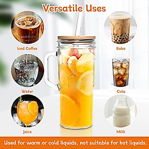 ONEHAUS Glass Cups with Lids and Straws 2 Packs - 24oz Glass Tumbler with Handle, Mason Jar with Lid and Straw -Wide Mouth Reusable Drinking Glasses, Smoothie Tumbler Iced Coffee Cup Travel Mug