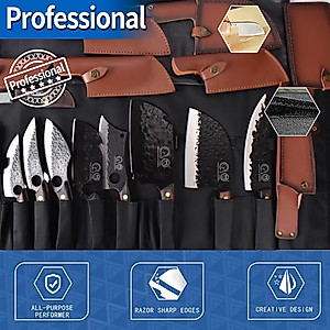 XYJ Authentic Since 1986,8 Pieces Camping Chef Knives Set With Roll Bag,Sheath,Vegetable Meat Knives,Serbian Boning Kitchen Butcher Knife,Outdoor Cooking Cutting,Full Tang