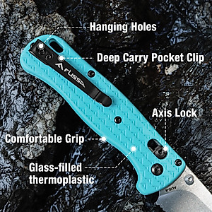 FLISSA 4.5" Folding Pocket Knife, Lightweight EDC Pocket Knife with Axis Lock, 3.2" AUS-8 Steel Blade, Sharp Camping Hiking Knife with Pocket Clip, Unique Tool Gift for Men, Dad (Blue)