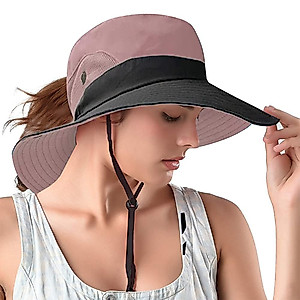 Rosoz Ponytail Sun Bucket Hats for Women UV Protection Foldable Mesh Wide Brim Hiking Beach Fishing Summer Safari