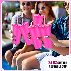 6 Pcs Reusable Tumbler with Lids and Straws Plastic Iced Coffee Tumbler Glitter Travel Mug Cup for Smoothie Juices Birthday Party Cold Drink Cup Coffee Cup Bulk for Adult Kid Women (Rose Red,24 oz)