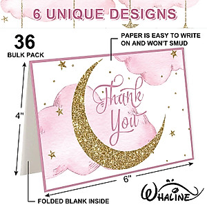 Whaline 36 Pack Pink Baby Shower Thank You Cards with Envelopes Matching Seal Stickers Glitter Starry Twinkle Moon Blank Note Cards for Birthday Supplies