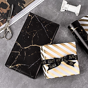 WRAPAHOLIC Reversible Wrapping Paper - Mini Roll - 17 Inch X 33 Feet - Black and Gold Marble Design, Perfect for Birthday, Holiday, Father's Day, Baby Shower
