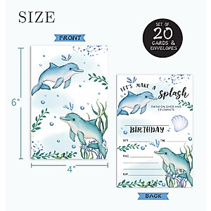 QOFO Dolphin Birthday Party Invitations-Set of 20 With Envelopes,Ocean World Party Theme,For Birthdays & Summer Beach Parties,Party Decorations And Supplies-YQC01