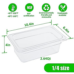 Qmeeki 6 Pack 1/4 Size 4'' Deep Clear Food Pans with Lids, Commercial Food Pans Acrylic Transparent Food Storage Containers, Stackable Plastic Pan with Capacity Scale, Restaurant Supplies Hotel Pan
