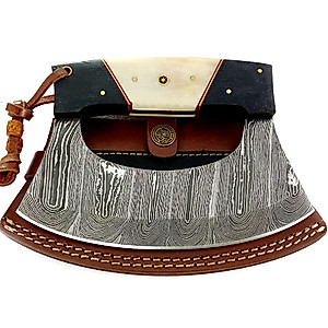 Damascus Steel alaskan Ulu Knife - Fixed Blade knife for Chopping Boning Slicing Cutting with Leather Sheath. SM149