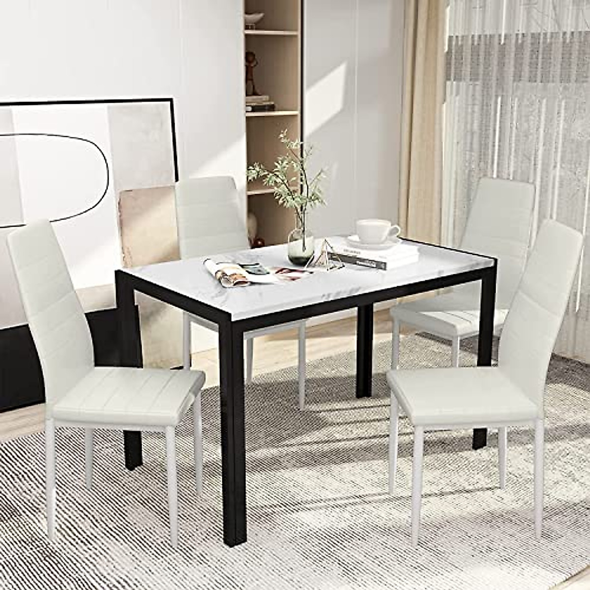 AWQM Marble Dining Table Set for 4, Rectangular Faux Marble Table and 4 PU Leather Chairs, 5 Pieces Kitchen Table Set,Ideal for Living Room, Dining Room,Breakfast Nook, White&Beige