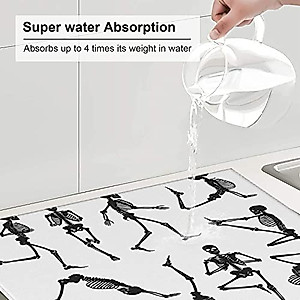 Human Skeletons Black Printed Drying Mat For Kitchen Ultra Absorbent Microfiber Dishes Drainer Mats Non-Slip Silicone Quick Dry Pad - 18 X 16inch