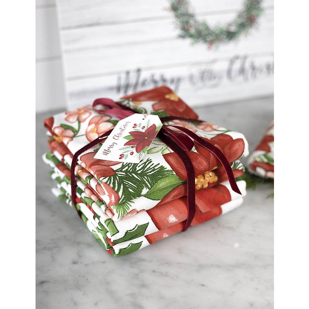 Ritz Dual Print Kitchen Towels, Watercolor Christmas Set, Great Christmas Gift, 100% Cotton, Highly Absorbent, Machine Washable, 4 Pack