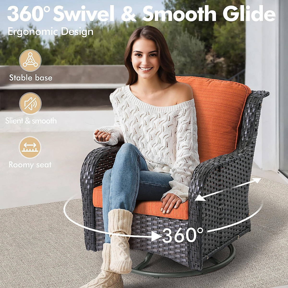 XIZZI Patio Furniture Set with Fire Pit Table,7 Pieces Outdoor Furniture with Swivel Rocking Chairs,All Weather Wicker Outside Conversation Sets for Balcony,Deck,and Backyard,Brown Rattan Orange Red