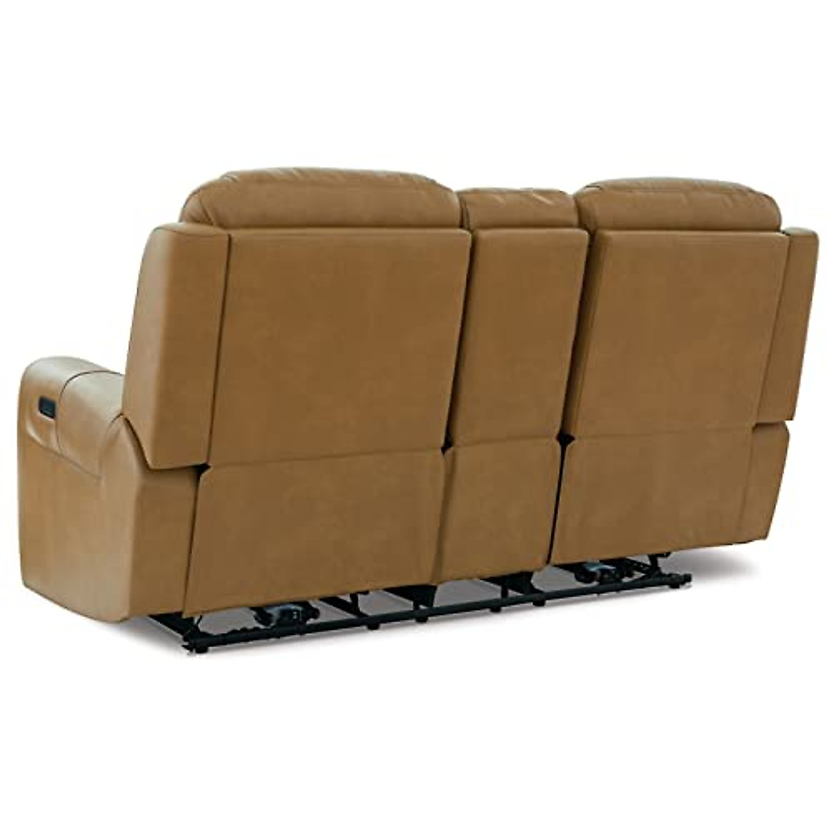 Signature Design by Ashley Card Player Contemporary Faux Leather Tufted Power Reclining Loveseat with Control and Adjustable Headrest, Light Brown