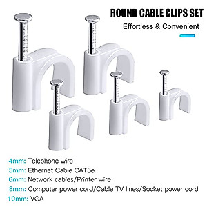 AGPTEK 500pcs Cable Clips with Steel Nails 4mm 5mm 6mm 8mm 10mm Cable Management for RG6, RG59, CAT6, RJ45 Cable Coax Cable, Ethernet Cable, TV Wire Cable, Telephone Cable, Led Starlight, Print Cable