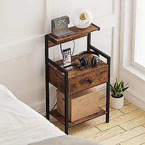 Snughome End Table with Charging Station, 3 Tier Side Table with Open Storage Shelves, Bedside Tables with Drawer, Nightstand with USB Ports & Outlets for Bedroom, Living Room