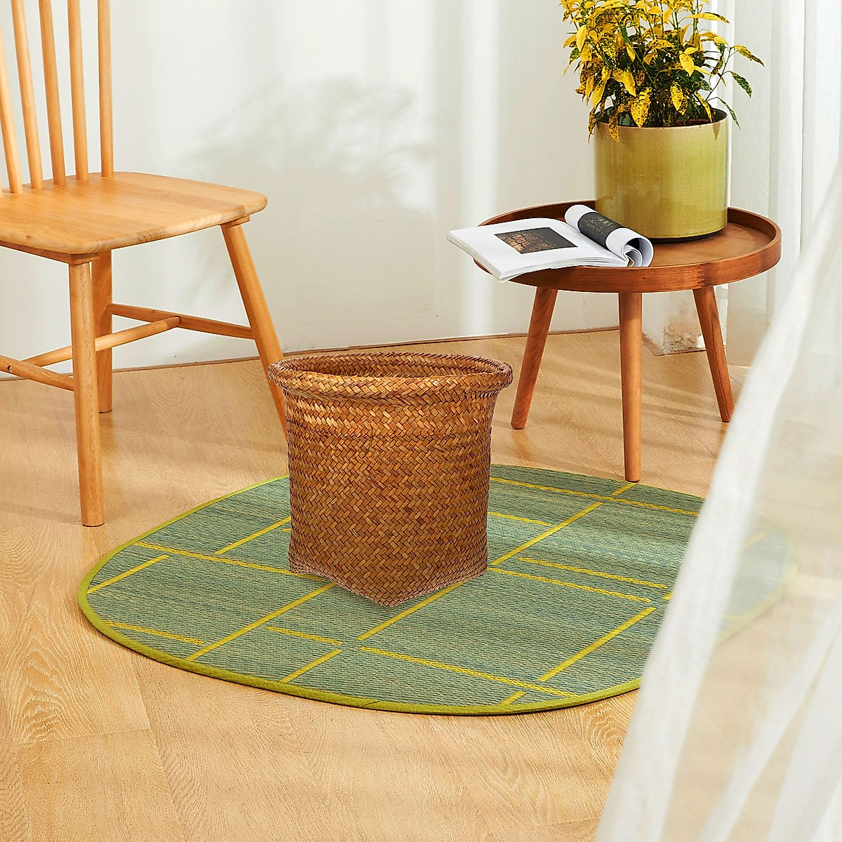 Rattan Waste Basket Trash Can: Seagrass Waste Basket Hand Woven Garbage Container Bin Laundry Hamper Plant Pot Holder for Kitchen Bathroom Office Home