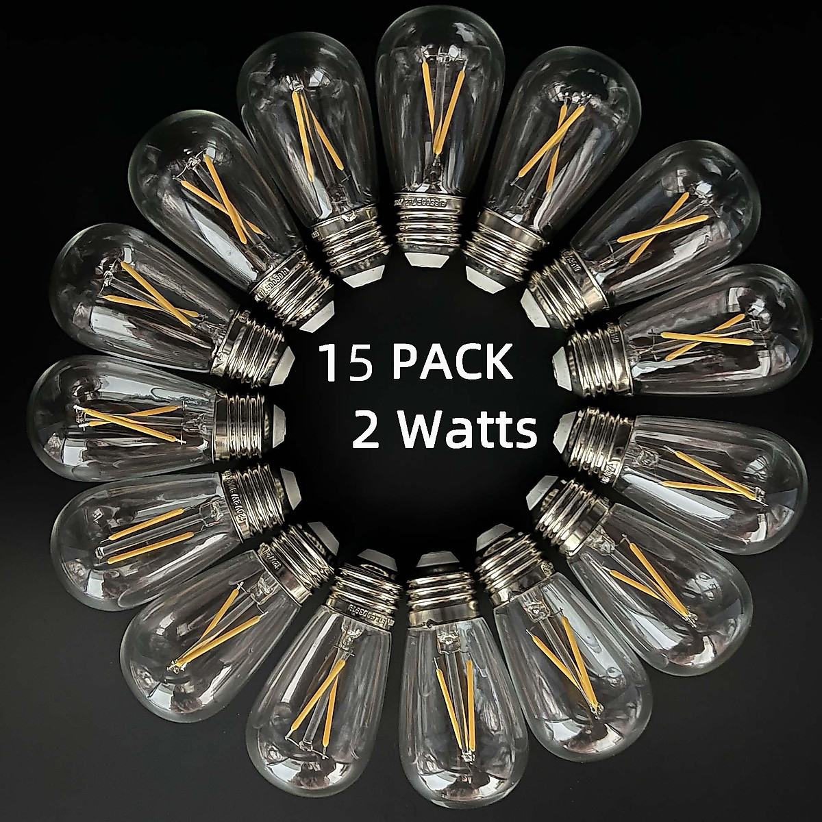 Aplstar 2W LED S14 Replacement Light Bulbs for Commercial Outdoor String Light,Vintage Non Dimmable Edison Filaments Bulb,3000K Warm White, E26 Screw Base,Glass Shade,15PACK