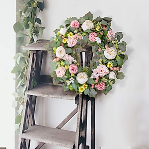 WANNA-CUL 24 Inch Large Spring Peony Flower Wreath for Front Door for Wedding,Pink Rose Floral Door Wreath with Rustic Grapevine Leaves,Bolocephalus Saussureoides for Wall