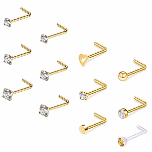 ZS 12Pcs 20G Nose Studs Rings - Surgical Steel L Shape Nose Bone Nose Screw CZ Nostril Piercing Jewelry for Women (Gold,L Shaped Nose Rings)