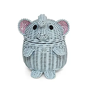 G6 COLLECTION Elephant Rattan Storage Basket With Lid Decorative Bin Home Decor Hand Woven Shelf Organizer Cute Handmade Handcrafted Nursery Gift Animal Decoration Wicker Elephant (Small, Blue)