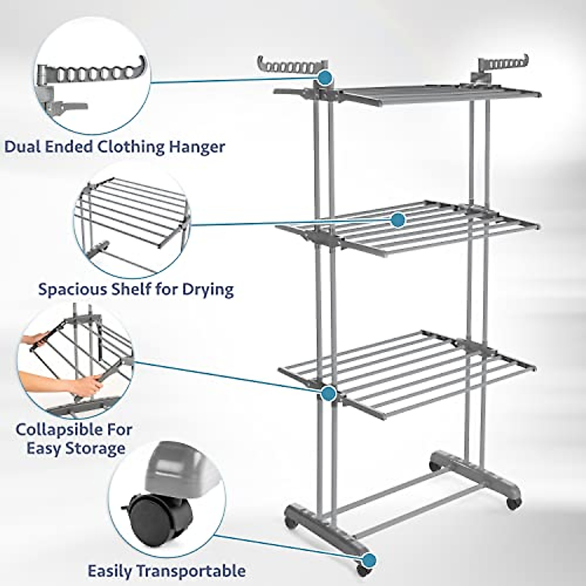 Luxe Laundry Premium Clothes Drying Rack - 4-Tier Foldable Stainless Steel & Collapsible Drying Rack - Free Standing & Easy to Assemble Indoor Laundry Drying Rack for Garments and Clothing, Gray/Gray