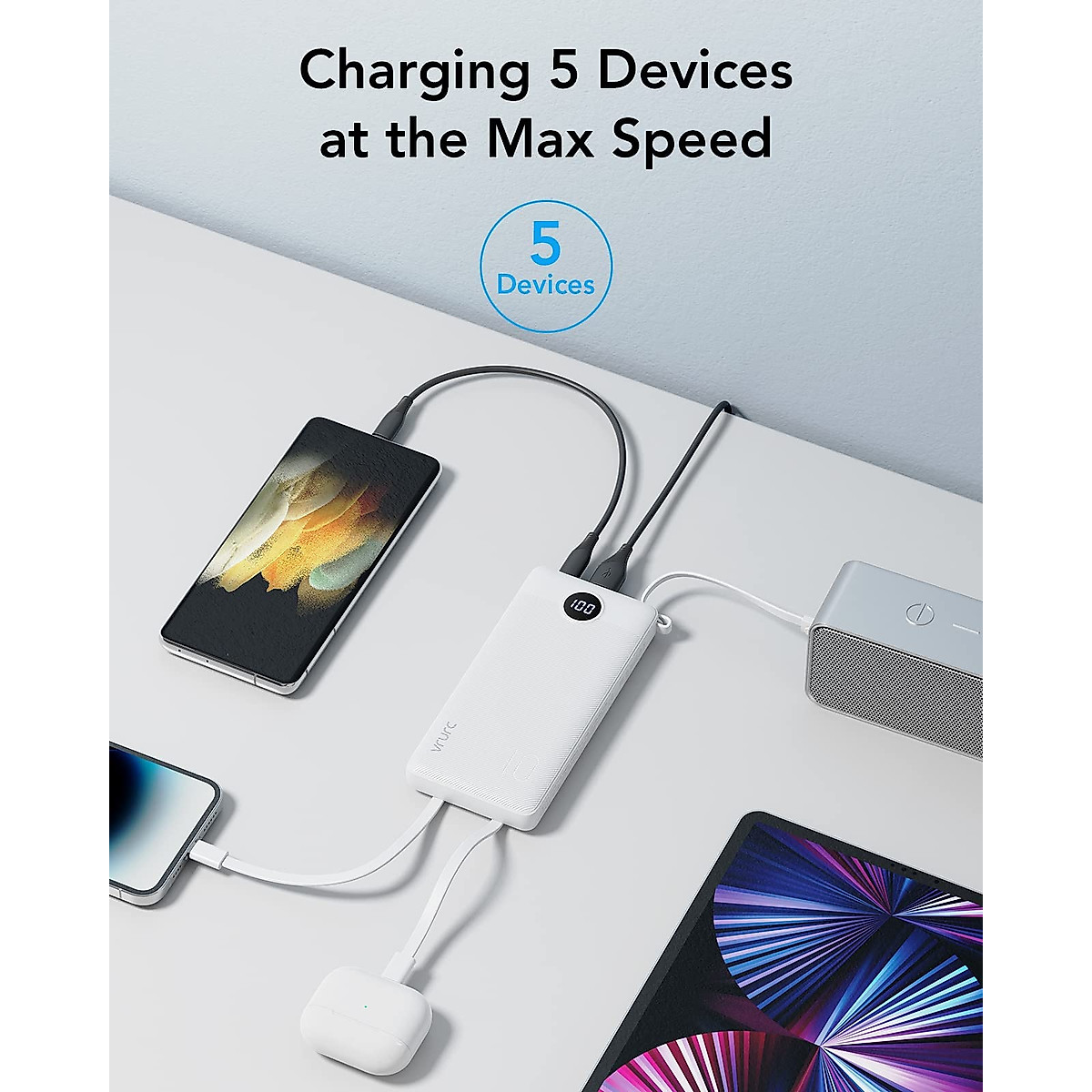 VRURC Portable Charger 10000mAh, Slim LED Display Power Bank, 5 Output 2 Input Cell Phone Battery Pack, Built-in Micro & USB C Cables Phone Charger Compatible with iPhone,Samsung,Android-White(1 Pack)