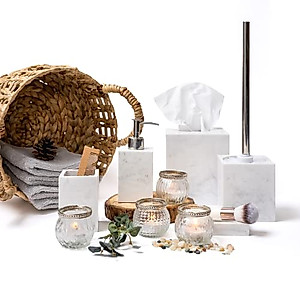 Kurrajong Farmhouse 5 Piece Bathroom Accessories Set | Faux Marble Bathroom Accessory Set | Faux Marble White Bathroom Set | Tissue Box, Toilet Brush, Soap Dish, Soap Dispenser, Toothbrush Holder