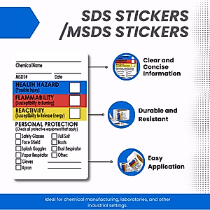 Performore SDS Stickers/MSDS Stickers, 1.5x2.5 Inch Roll of 250, Right to Know Stickers - Chemical Identifying and Marking, Highly Visible and Durable Self Adhesive