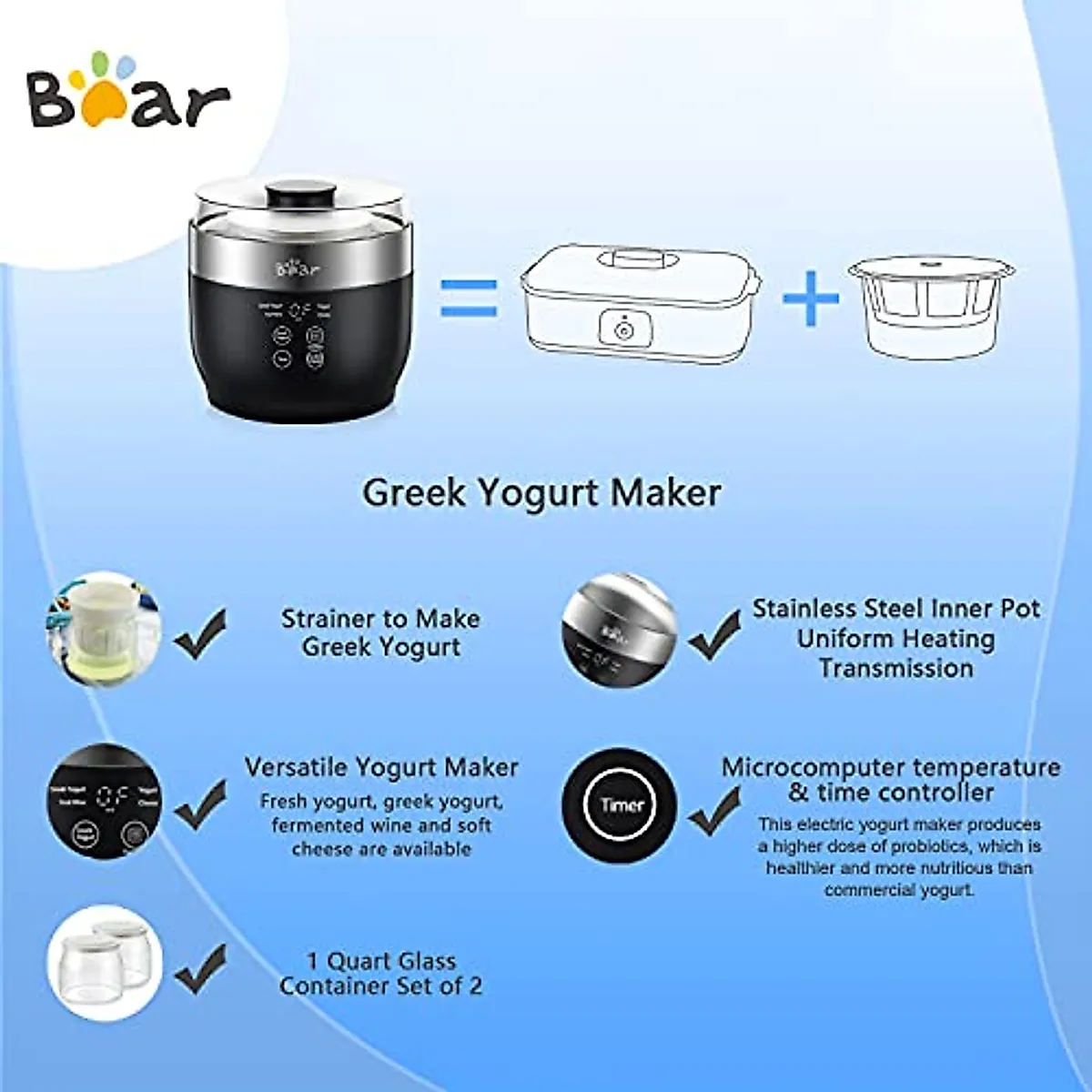 Bear Yogurt Maker, Greek Yogurt Maker Machine with Strainer and Timer Control, Yogurt Maker with Stainless Steel Inner Pot, Automatic Digital Yogurt Maker with 2 Glass Jars 1 Quart for Home Organic Yogurt, Cheese Maker, Fruit Wine Maker, Black (black)