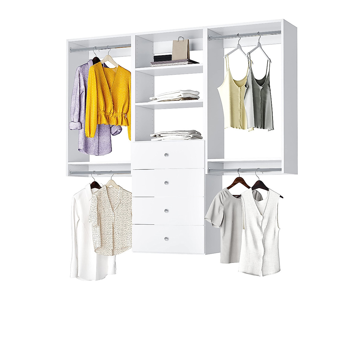 Closet Kit with Hanging Rods, Shelves & Drawers - Corner Closet System - Closet Shelves - Closet Organizers and Storage Shelves (White, 66 inches Wide) Closet Shelving