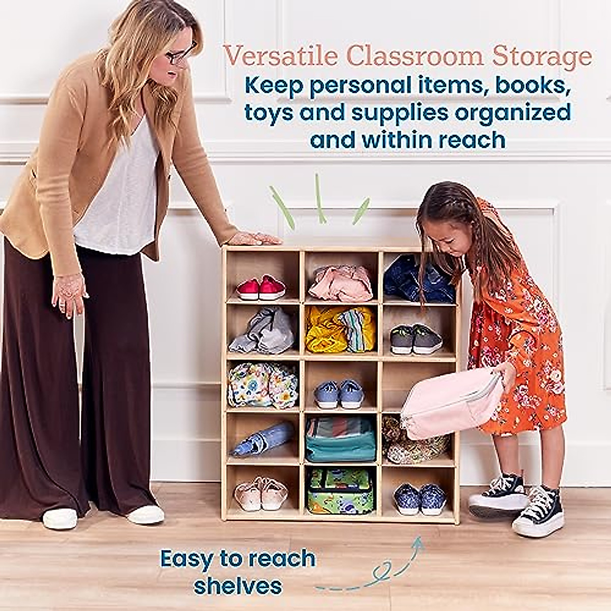 ECR4Kids Streamline 15 Cubby Tray Storage Cabinet, 5x3, Classroom Furniture, Natural