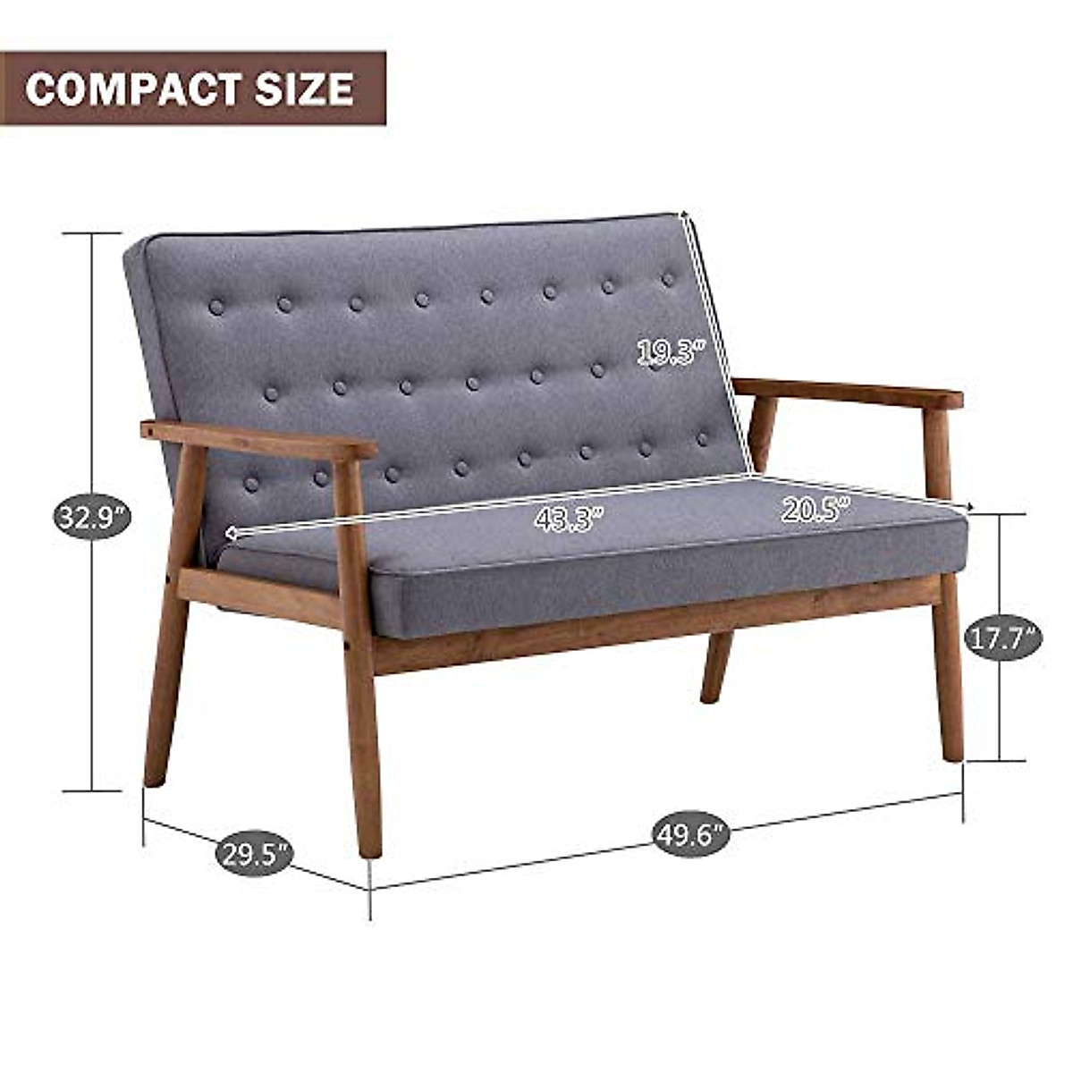 JOYBASE Loveseat Sofa, 2-Seater Sofa Couch, Mid-Century Retro Modern Fabric Upholstered Wooden, Grey