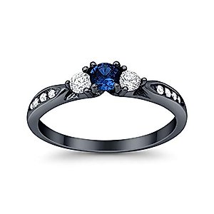 925 Sterling Silver Black Tone Rhodium Plated Ring, Round Simulated Blue Sapphire with Clear CZ Accent, Size-7