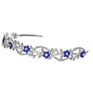 Bridal Flower Rhinestones Crystal Wedding Headband Tiara - Blue Crystal Silver Plated T1164